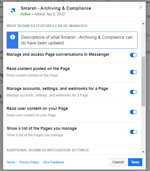 How to find Facebook Permission for the Smarsh Archiving & Compliance App