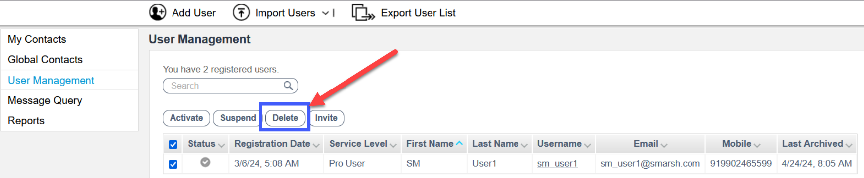 How to delete a user from the Capture Mobile (TeleMessage) Admin Portal